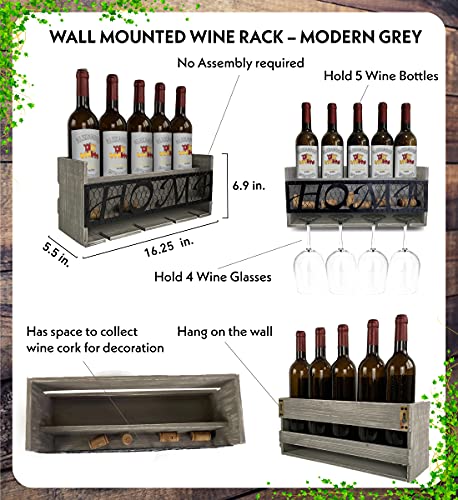 CoTa Global Modern Grey Wall Mounted Wine Rack - Wooden Wine Bottle Holder for 5 Bottles & 4 Wine Glasses with Cork Storage, Hanging Metal Home Sign & Organizer Wood Shelf for Wine Bar & Home Décor