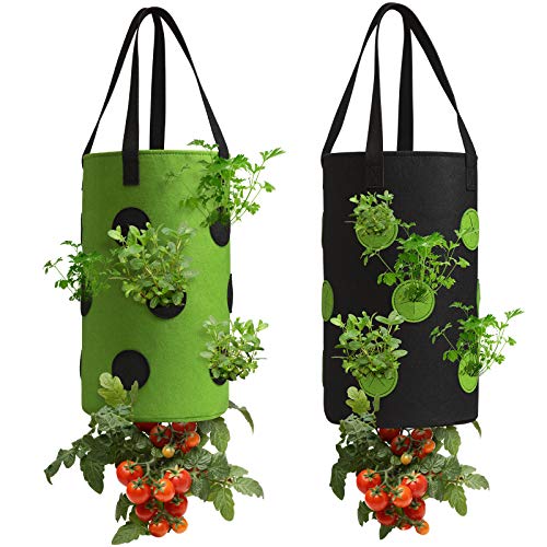 2 Pack Black and Green Upside Down Tomato & Herb Planter, Hanging Durable Aeration Fabric Strawberry Planter Bags