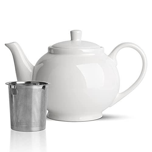 ComSaf Porcelain Teapot with Removable Infuser & Lid 37oz(4-5 Cups), Large Tea Pot with Stainless Steel Fine Mesh Infuser, Ceramic Tea Maker with Strainer for Loose Leaf Tea or Bags, White