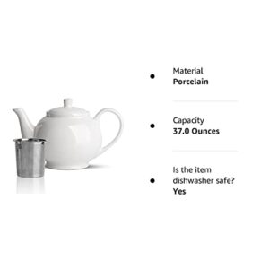 ComSaf Porcelain Teapot with Removable Infuser & Lid 37oz(4-5 Cups), Large Tea Pot with Stainless Steel Fine Mesh Infuser, Ceramic Tea Maker with Strainer for Loose Leaf Tea or Bags, White