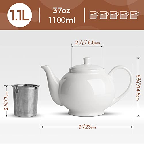 ComSaf Porcelain Teapot with Removable Infuser & Lid 37oz(4-5 Cups), Large Tea Pot with Stainless Steel Fine Mesh Infuser, Ceramic Tea Maker with Strainer for Loose Leaf Tea or Bags, White