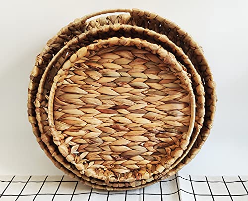 ZKZNsmart Set of 3 Grass Weaving Tray，Hand-Weaving Natural Water Hyacinth Storage Baskets,Wicker Serving Trays with Built-in Handles, Grass Storage Bins for Fruit,Arts and Crafts.