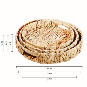 ZKZNsmart Set of 3 Grass Weaving Tray，Hand-Weaving Natural Water Hyacinth Storage Baskets,Wicker Serving Trays with Built-in Handles, Grass Storage Bins for Fruit,Arts and Crafts.