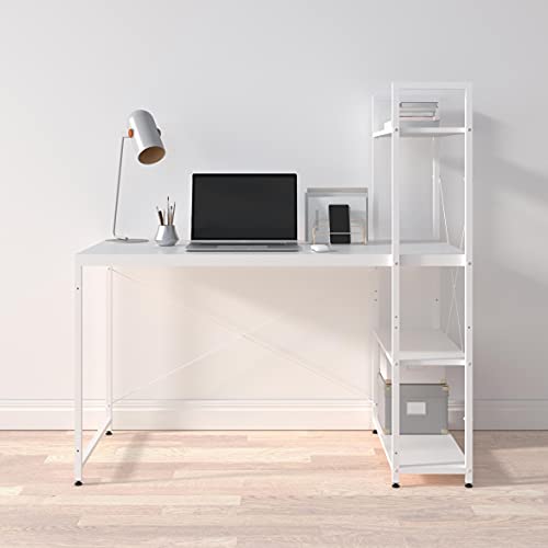 Ames 47" Reversible Gaming Computer Desk with Adjustable Shelves, Home Office Desk, Grommet Cable-Management, Leveler Feet, Easy Assembly, White/White