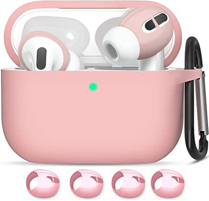 Loirtlluy Airpods Pro Silicone Case with 2 Pairs Ear Tips Covers， Soft Premium Skin Case Cover Shock-Proof Protective Case with Keychain for Airpods Pro, Front LED Visible, Pink