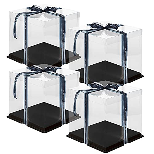 Clear Cake Box,4 Pcs Transparent Cake Box with Ribbon for Pastries10" X 10" X 9"-Clear Tall Cake Box- Clear Gift Boxes with Lid for Wedding Party and Gift Display (Black-4 Set)