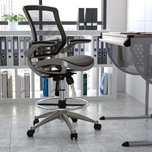 emma + oliver black mid-back mesh drafting chair with graphite frame and flip-up arms