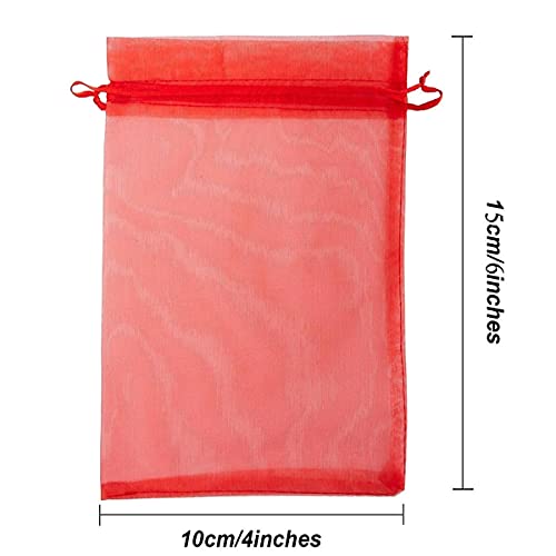 Jwsqmc 4x6 Inch Organza Gift Bags with Drawstring for Jewelry,Candy,100 Pcs Red Sachet,Sheer Fabric Mesh Tulle Pouches for Baby Shower,Mom Birthday,Party Favors,Wedding,Bridal Shower,Valentines Day