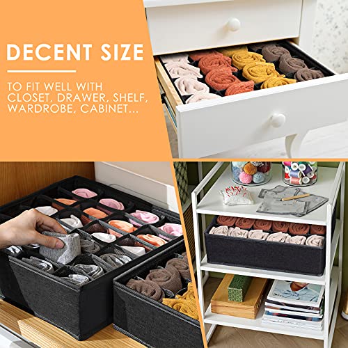 6 Pack Sock Underwear Drawer Organizer Dividers, 64 Cell Fabric Foldable Cabinet Closet Organizers and Storage Boxes for Storing Socks, Underwear, Ties (16+24+24 Cell, Gray+Black)