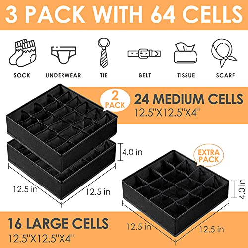 6 Pack Sock Underwear Drawer Organizer Dividers, 64 Cell Fabric Foldable Cabinet Closet Organizers and Storage Boxes for Storing Socks, Underwear, Ties (16+24+24 Cell, Gray+Black)