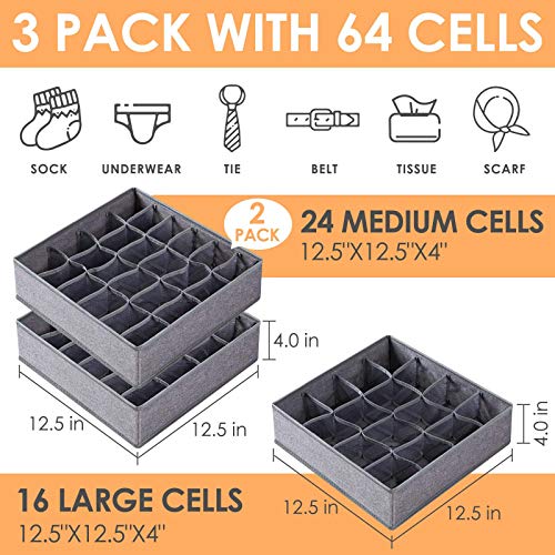 6 Pack Sock Underwear Drawer Organizer Dividers, 64 Cell Fabric Foldable Cabinet Closet Organizers and Storage Boxes for Storing Socks, Underwear, Ties (16+24+24 Cell, Gray+Black)