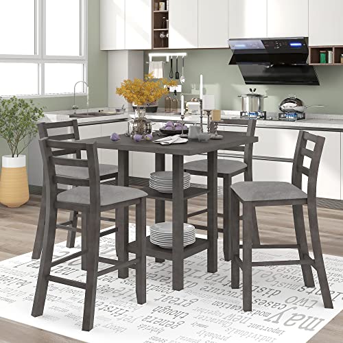 UMISOL 5 Piece Square Dining Table Set for Small Space, Farmhouse Style Counter Height Table Set with 2 Tier Storage Shelving and 4 Padded Chairs (Gray)