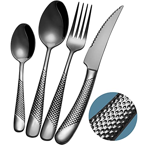 Xideman 16-Piece ​Modern Black Hammered Silverware Set with Ultra Sharp 2-IN-1 Serrated Knive, 18/10 Stainless Steel Flatware Set, Titanium ​Plated Cutlery Set Service for 4, Reusable, Dishwasher Safe