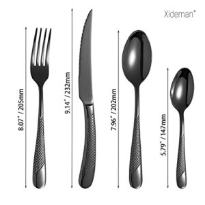 Xideman 16-Piece ​Modern Black Hammered Silverware Set with Ultra Sharp 2-IN-1 Serrated Knive, 18/10 Stainless Steel Flatware Set, Titanium ​Plated Cutlery Set Service for 4, Reusable, Dishwasher Safe