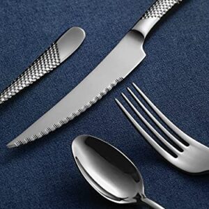 Xideman 16-Piece ​Modern Black Hammered Silverware Set with Ultra Sharp 2-IN-1 Serrated Knive, 18/10 Stainless Steel Flatware Set, Titanium ​Plated Cutlery Set Service for 4, Reusable, Dishwasher Safe