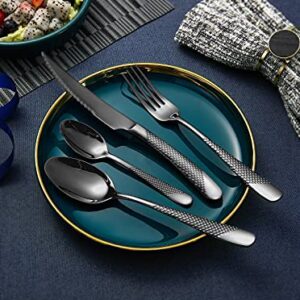 Xideman 16-Piece ​Modern Black Hammered Silverware Set with Ultra Sharp 2-IN-1 Serrated Knive, 18/10 Stainless Steel Flatware Set, Titanium ​Plated Cutlery Set Service for 4, Reusable, Dishwasher Safe