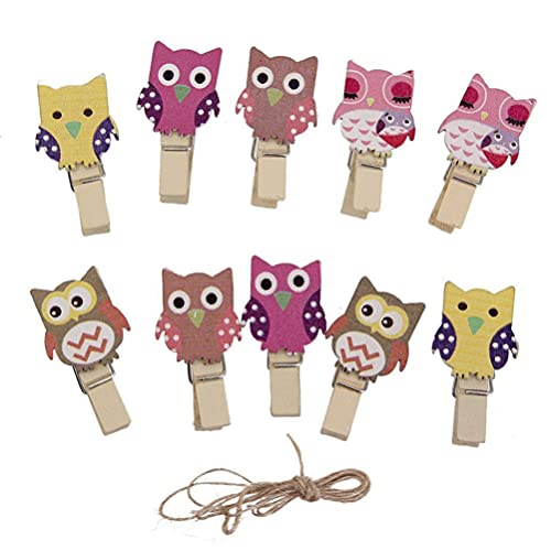 ARTIBETTER 10pcs Cartoon Wooden Clothespins with Jute Twine Cute Owl Shape Photo Holders Peg Pin Pictures Strings Clamp Album Postcard Note Paper Hanging Clips