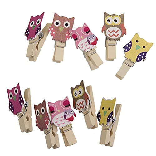 ARTIBETTER 10pcs Cartoon Wooden Clothespins with Jute Twine Cute Owl Shape Photo Holders Peg Pin Pictures Strings Clamp Album Postcard Note Paper Hanging Clips