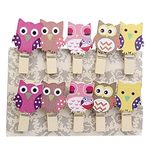 ARTIBETTER 10pcs Cartoon Wooden Clothespins with Jute Twine Cute Owl Shape Photo Holders Peg Pin Pictures Strings Clamp Album Postcard Note Paper Hanging Clips