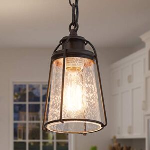 ksana farmhouse pendant lighting, mini rustic hanging light fixture with seeded glass shade for kitchen island, foyer, hallway, bedroom and entryway, bronze