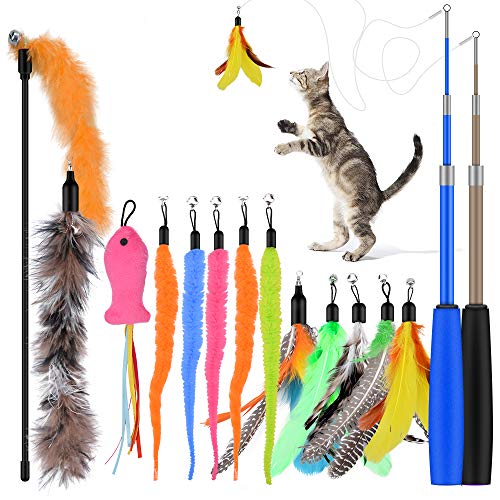 Qoosea Cat Feather Toys, 2PCS Retractable Cat Wand Toy and 13PCS Replacement Teaser with Bell Refills, Interactive Cat Wand for Kitten Cat Having Fun Playing