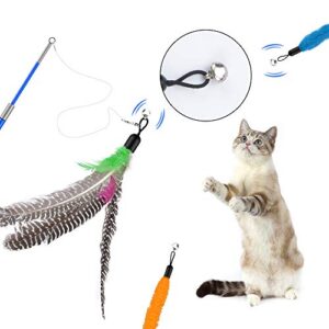 Qoosea Cat Feather Toys, 2PCS Retractable Cat Wand Toy and 13PCS Replacement Teaser with Bell Refills, Interactive Cat Wand for Kitten Cat Having Fun Playing