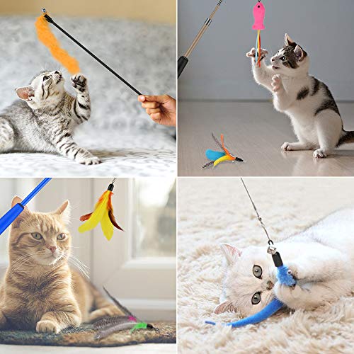 Qoosea Cat Feather Toys, 2PCS Retractable Cat Wand Toy and 13PCS Replacement Teaser with Bell Refills, Interactive Cat Wand for Kitten Cat Having Fun Playing