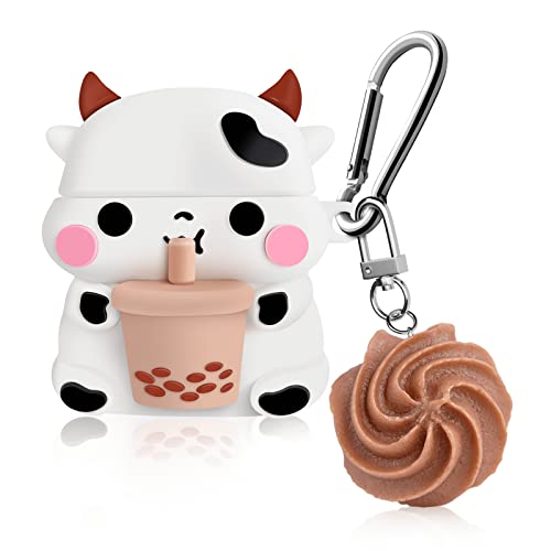 MOLOVA Case for Airpods 1&2,Soft Silicone 3D Cute Funny Cool Fun Cartoon Character Kawaii Fashion Cover with Keychain (Boba Tea Cow)