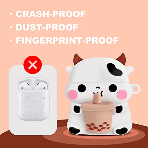 MOLOVA Case for Airpods 1&2,Soft Silicone 3D Cute Funny Cool Fun Cartoon Character Kawaii Fashion Cover with Keychain (Boba Tea Cow)