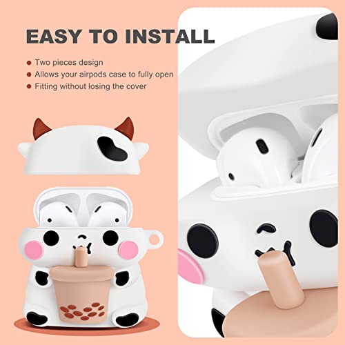 MOLOVA Case for Airpods 1&2,Soft Silicone 3D Cute Funny Cool Fun Cartoon Character Kawaii Fashion Cover with Keychain (Boba Tea Cow)