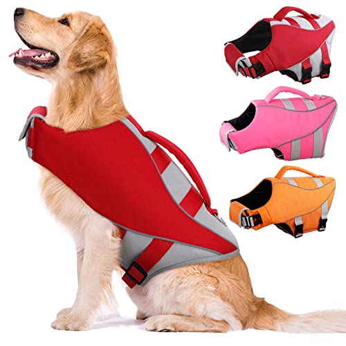 Kuoser Dog Life Jacket, Adjustable Dog Life Vest with Reflective Piping Ripstop Dog Lifesaver Pet Life Preserver with High Flotation for Small Medium and Large Dogs at The Pool, Beach,Boating