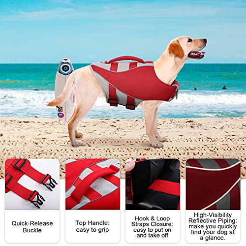 Kuoser Dog Life Jacket, Adjustable Dog Life Vest with Reflective Piping Ripstop Dog Lifesaver Pet Life Preserver with High Flotation for Small Medium and Large Dogs at The Pool, Beach,Boating