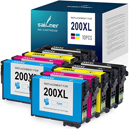 SAILNER 200 Ink Cartridges Remanufactured Ink Cartridge Replacement for Epson 200XL 200 200 XL T200 Combo Pack for XP-410 XP400 XP200 WF-2540 WF2530 XP-310 XP410 XP-300 Printer (10 Pack) 200XL Ink