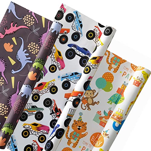 U'COVER Birthday Gift Wrapping Paper for Boys Kids Girls Baby Shower Wrapping Paper Roll 3 Styles Cartoon Dinosaur Monster Car for Holiday Anniversary