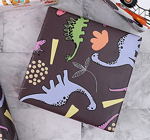 U'COVER Birthday Gift Wrapping Paper for Boys Kids Girls Baby Shower Wrapping Paper Roll 3 Styles Cartoon Dinosaur Monster Car for Holiday Anniversary