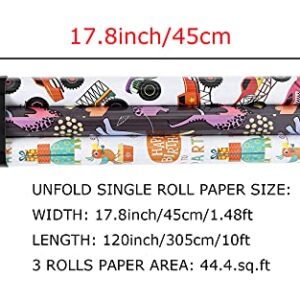 U'COVER Birthday Gift Wrapping Paper for Boys Kids Girls Baby Shower Wrapping Paper Roll 3 Styles Cartoon Dinosaur Monster Car for Holiday Anniversary