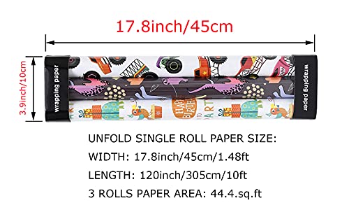 U'COVER Birthday Gift Wrapping Paper for Boys Kids Girls Baby Shower Wrapping Paper Roll 3 Styles Cartoon Dinosaur Monster Car for Holiday Anniversary