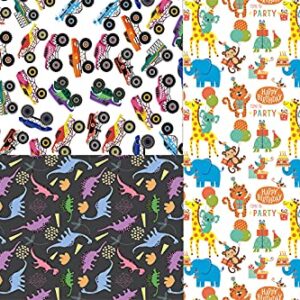 U'COVER Birthday Gift Wrapping Paper for Boys Kids Girls Baby Shower Wrapping Paper Roll 3 Styles Cartoon Dinosaur Monster Car for Holiday Anniversary