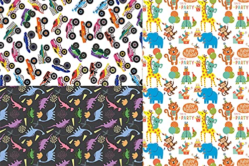 U'COVER Birthday Gift Wrapping Paper for Boys Kids Girls Baby Shower Wrapping Paper Roll 3 Styles Cartoon Dinosaur Monster Car for Holiday Anniversary