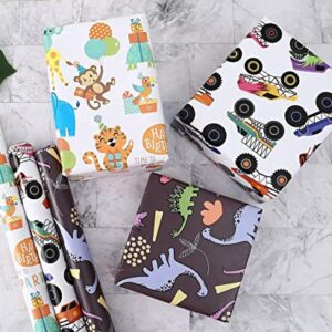 U'COVER Birthday Gift Wrapping Paper for Boys Kids Girls Baby Shower Wrapping Paper Roll 3 Styles Cartoon Dinosaur Monster Car for Holiday Anniversary