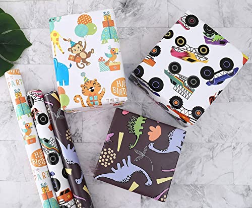 U'COVER Birthday Gift Wrapping Paper for Boys Kids Girls Baby Shower Wrapping Paper Roll 3 Styles Cartoon Dinosaur Monster Car for Holiday Anniversary