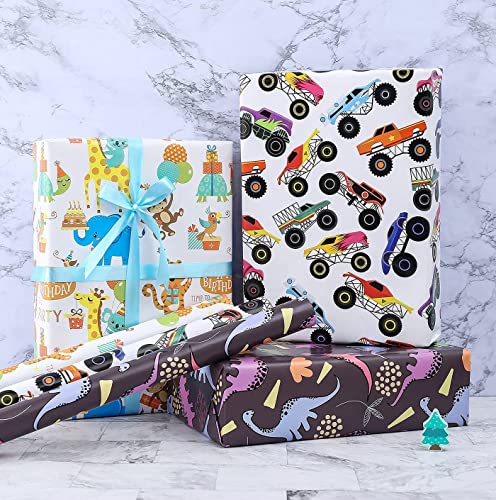 U'COVER Birthday Gift Wrapping Paper for Boys Kids Girls Baby Shower Wrapping Paper Roll 3 Styles Cartoon Dinosaur Monster Car for Holiday Anniversary