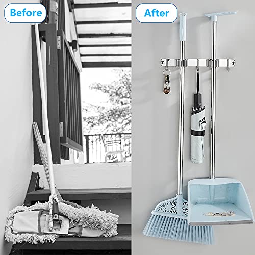 Gocenyi Mop and Broom Holder Wall Mount, Broom Organizer Wall Mount, Stainless Steel Broom Hanger, Broom Rack, Heavy Duty Mop Holder for Laundry Room, Garage, Garden(2 Racks 3 Hooks)