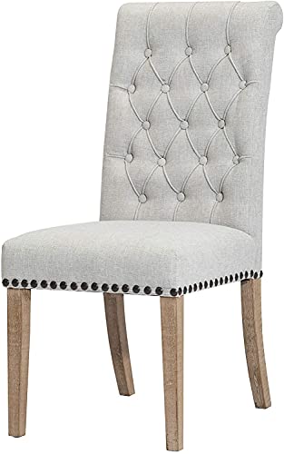 BTEXPERT BB5107GR-2 High Back Tufted Parsons Upholstered Dining Room Chairs Side Solid Wood-Accent Nail Trim, Gray Linen Fabric - Set of 2