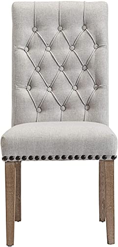 BTEXPERT BB5107GR-2 High Back Tufted Parsons Upholstered Dining Room Chairs Side Solid Wood-Accent Nail Trim, Gray Linen Fabric - Set of 2