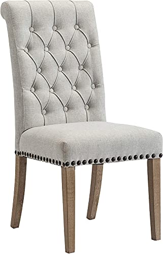 BTEXPERT BB5107GR-2 High Back Tufted Parsons Upholstered Dining Room Chairs Side Solid Wood-Accent Nail Trim, Gray Linen Fabric - Set of 2