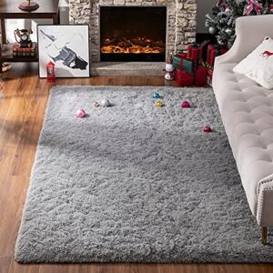 guucha premium fluffy area rug, 5x7 feet soft and fuzzy shag rugs for boys girls, cozy carpet for bedroom living room nursery with strong backing, grey