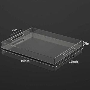 12x16 Clear Acrylic Serving Tray with handle,Spill Proof Rectangular Serving Tray Great For Coffee Table,Food,Wine,Fruit,Makeup Vanity tray,Ottoman Tray,organizer plastic tray for Kitchen and Bathroom