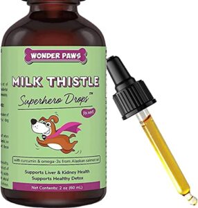 wonder paws milk thistle for dogs, liver support for dogs, supports kidney function for pets, detox, hepatic support, with wild alaskan salmon oil & curcumin, omega 3 epa & dha - 2 oz pet supplement