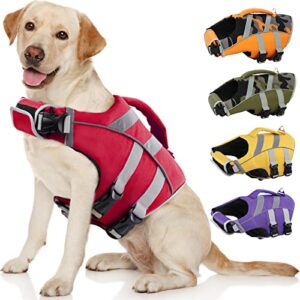 kuoser dog life jacket with reflective stripes, adjustable high visibility dog life vest ripstop dog lifesaver pet life preserver with high flotation swimsuit for small medium and large dogs